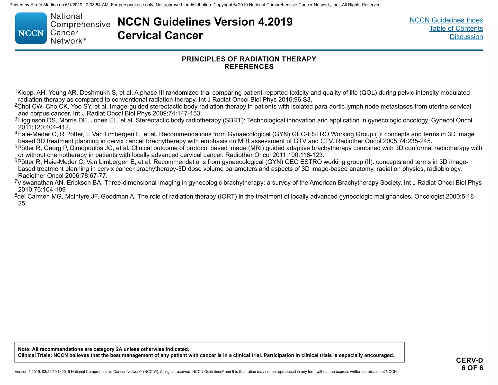 Cáncer cérvicouterino, Guia NCCN 2019. | PDF