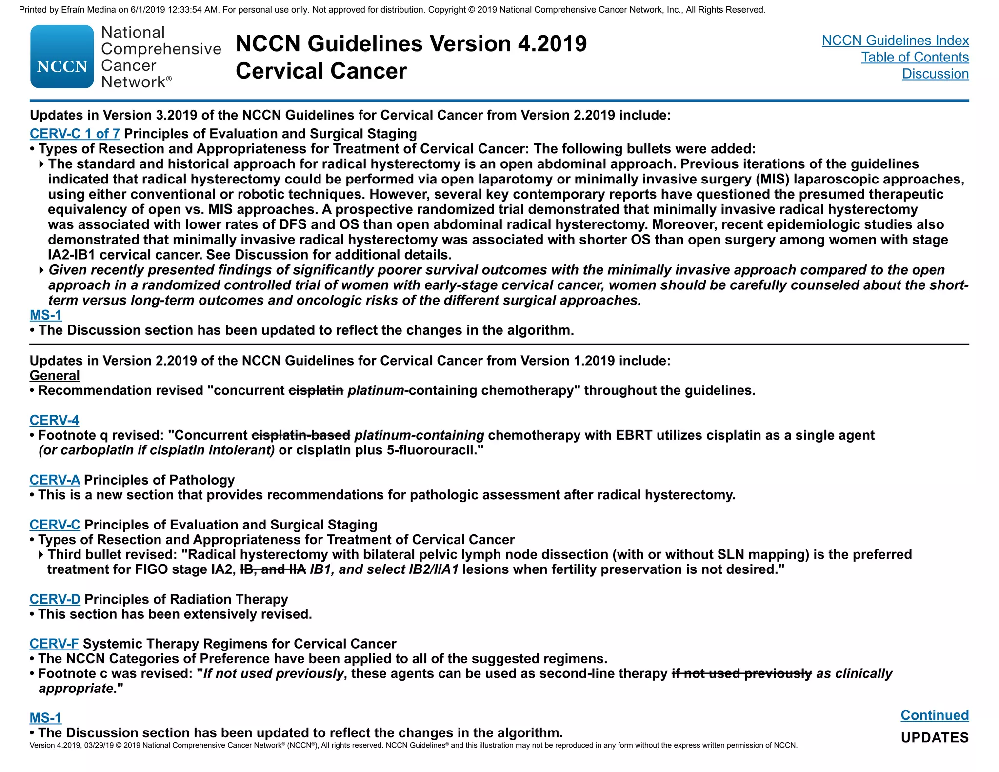 Cáncer cérvicouterino, Guia NCCN 2019. | PDF