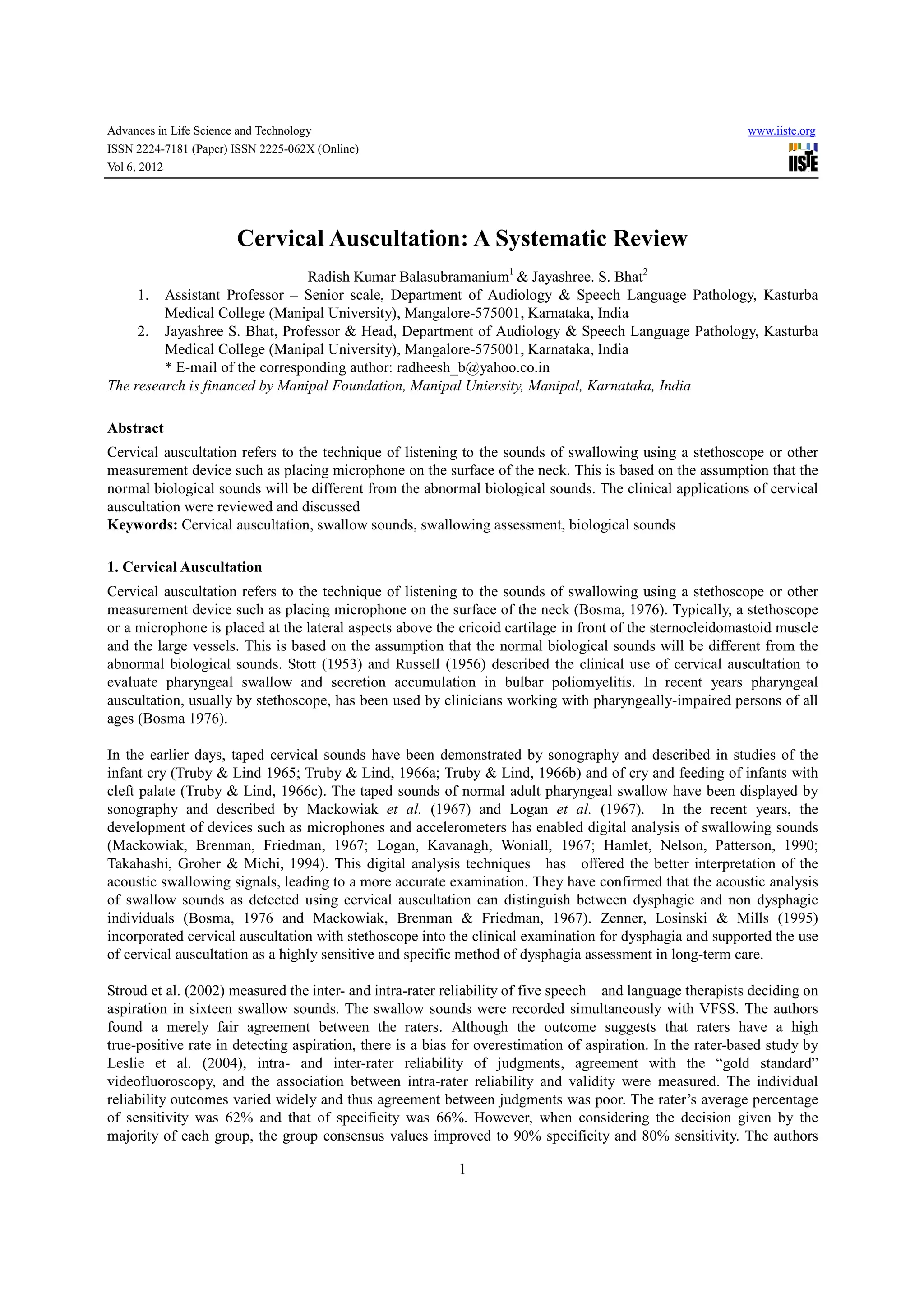 Cervical auscultation a systematic review | PDF