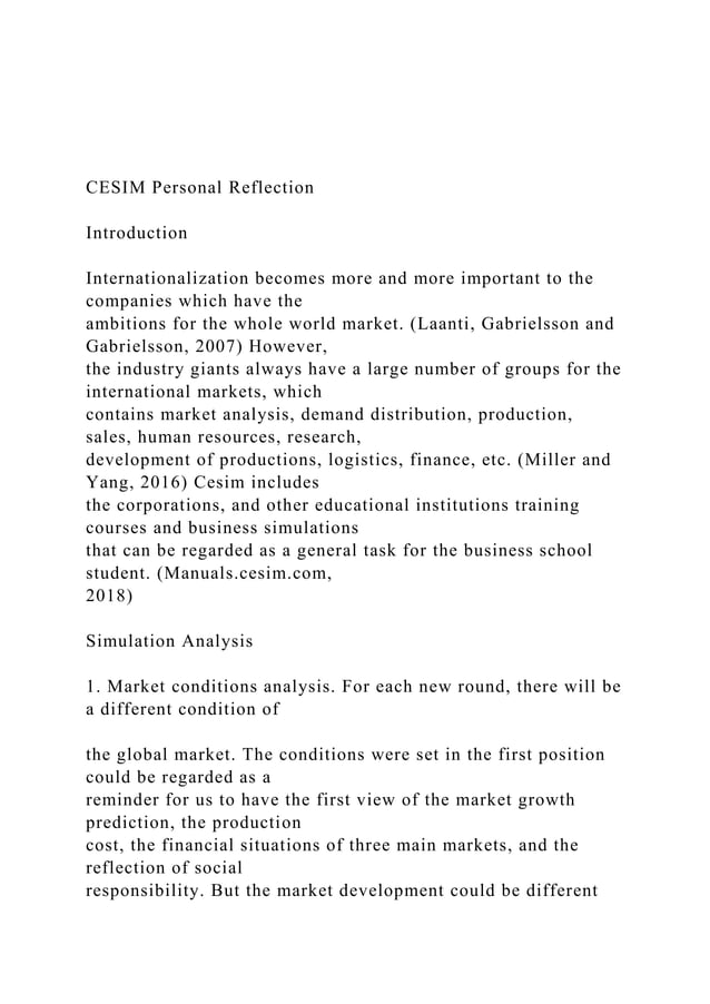 CESIM Personal Reflection Introduction International.docx | Commodities | Economy