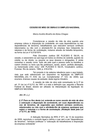 CESSÃO DE MÃO DE OBRA E O SIMPLES NACIONAL | DOC