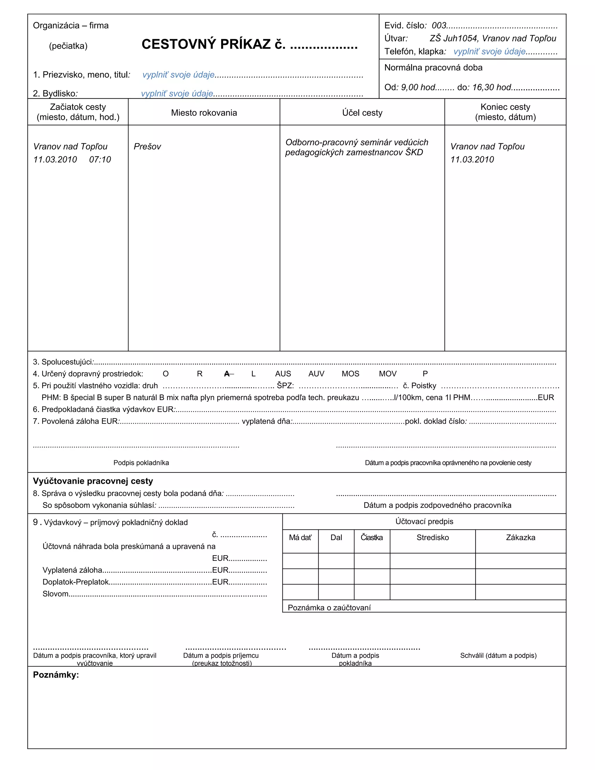 Vzorový cestovný príkaz | DOC