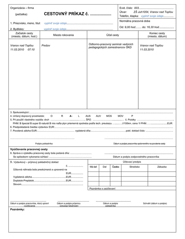 Vzorový cestovný príkaz | PDF