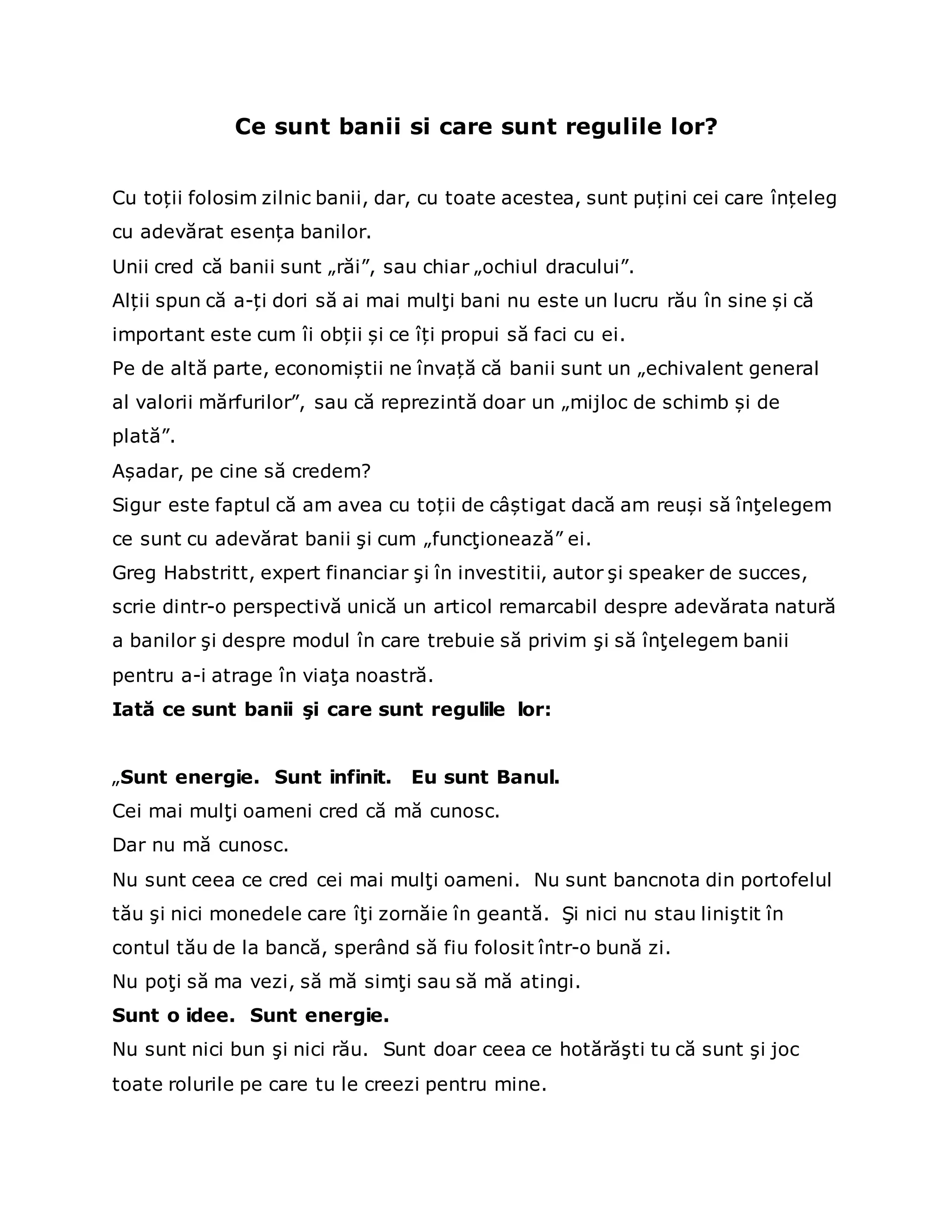 Ce sunt banii si care sunt regulile lor | DOCX