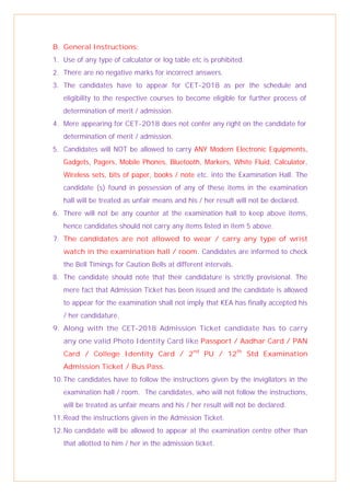 Kcet 2018 - Instruction to Candidates | PDF