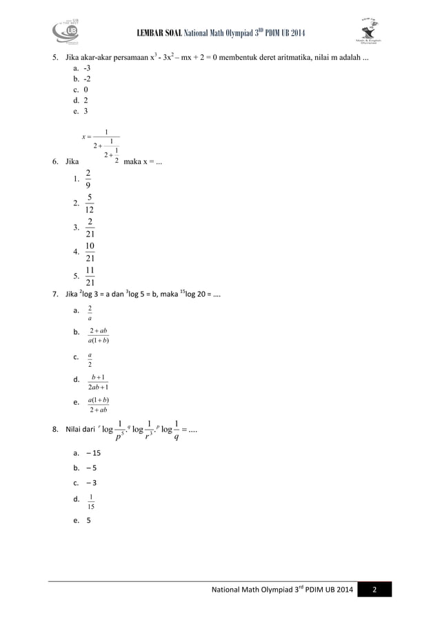 soal Olimpiade Matematika SMA Tingkat Nasional PDIM UB 2014