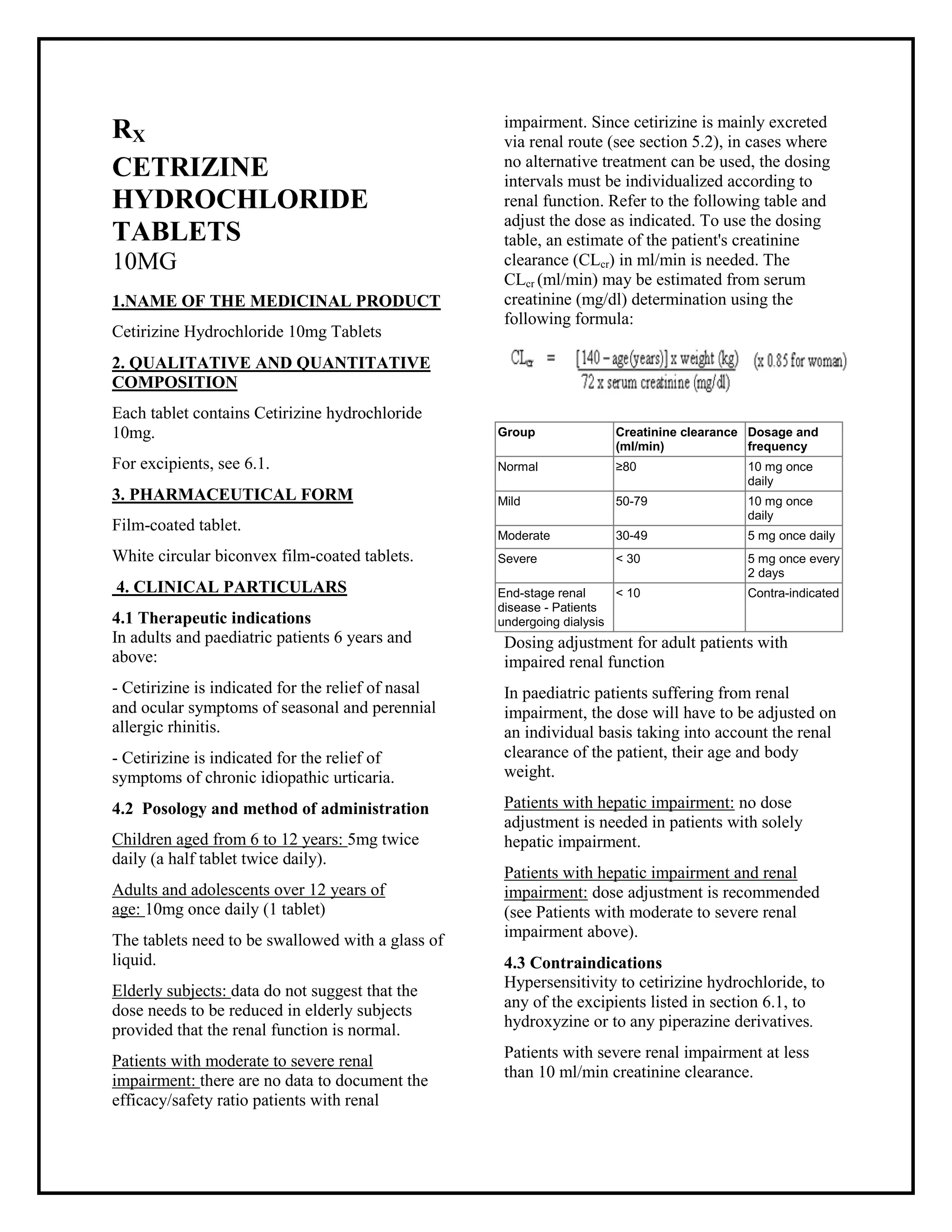 Cetirizine hydrochloride 10mg tablets smpc taj pharmaceuticals | PDF