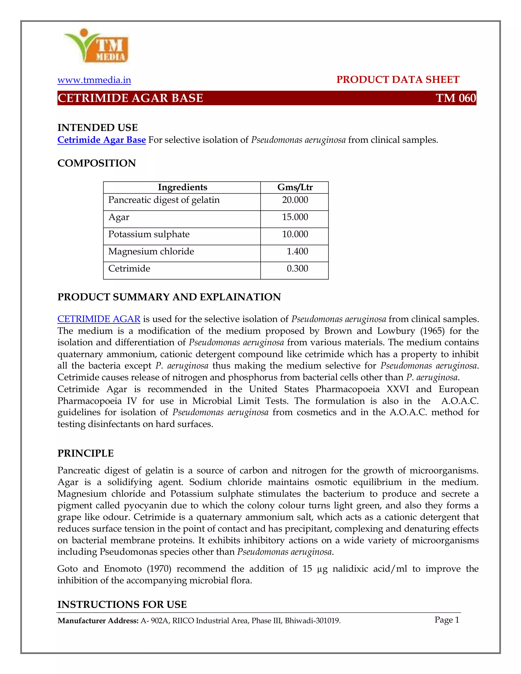 Cetrimide agar base_td | PDF