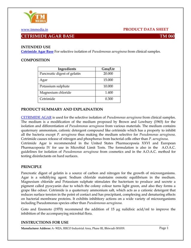Cetrimide agar base_td | PDF