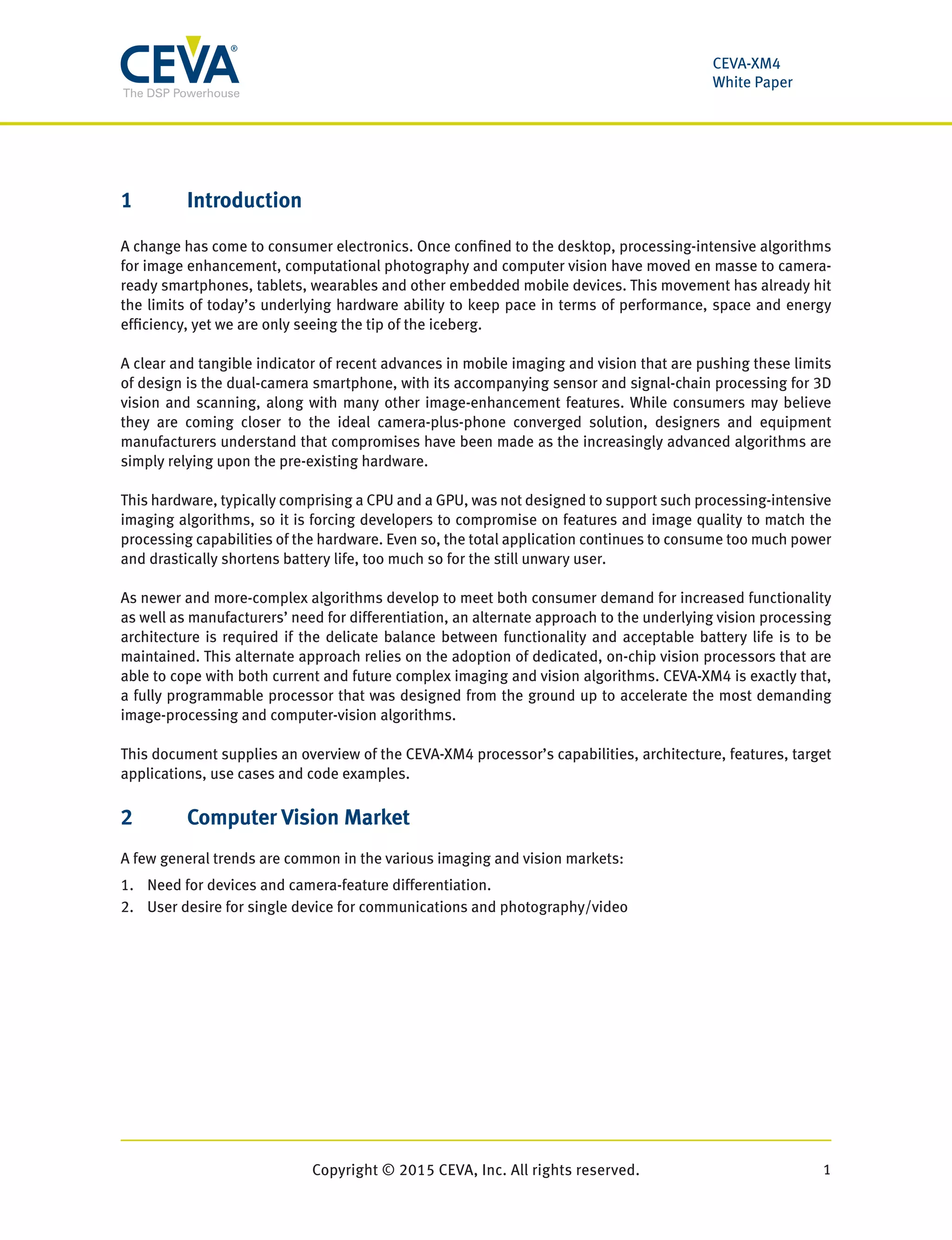 White Paper - CEVA-XM4 Intelligent Vision Processor | PDF