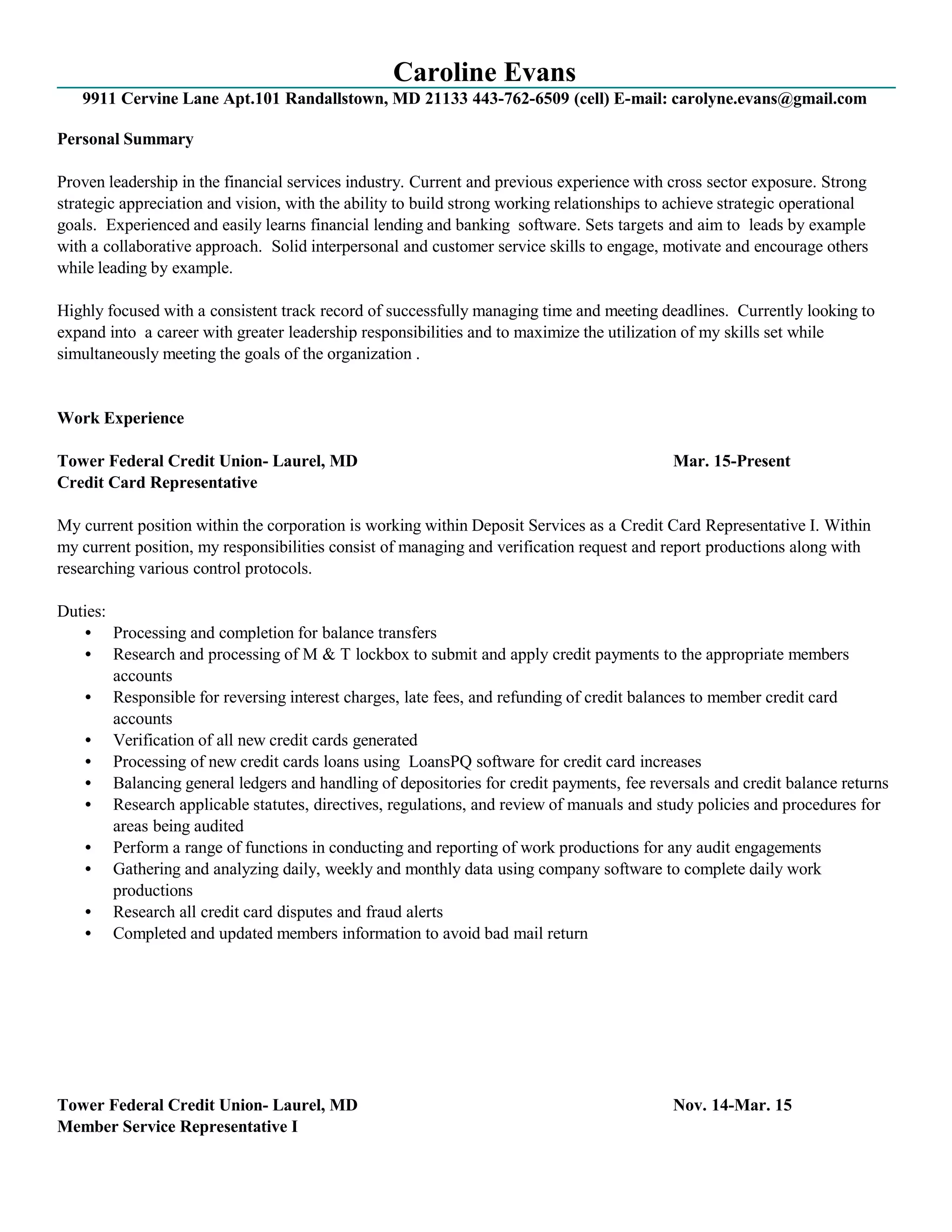 Caroline Evans Resume of Employment History | DOC