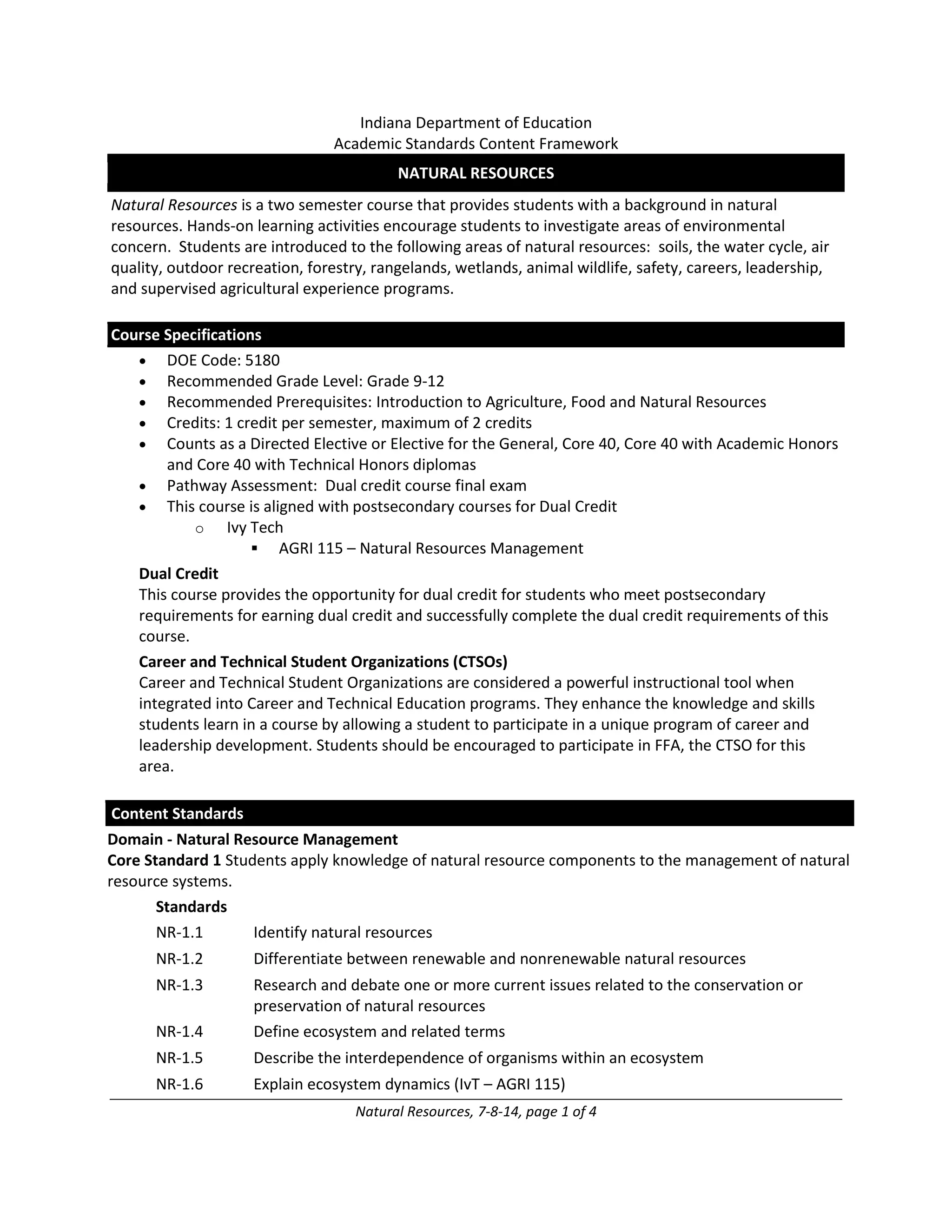 Indiana State Standards for Natural Resources Class | PDF