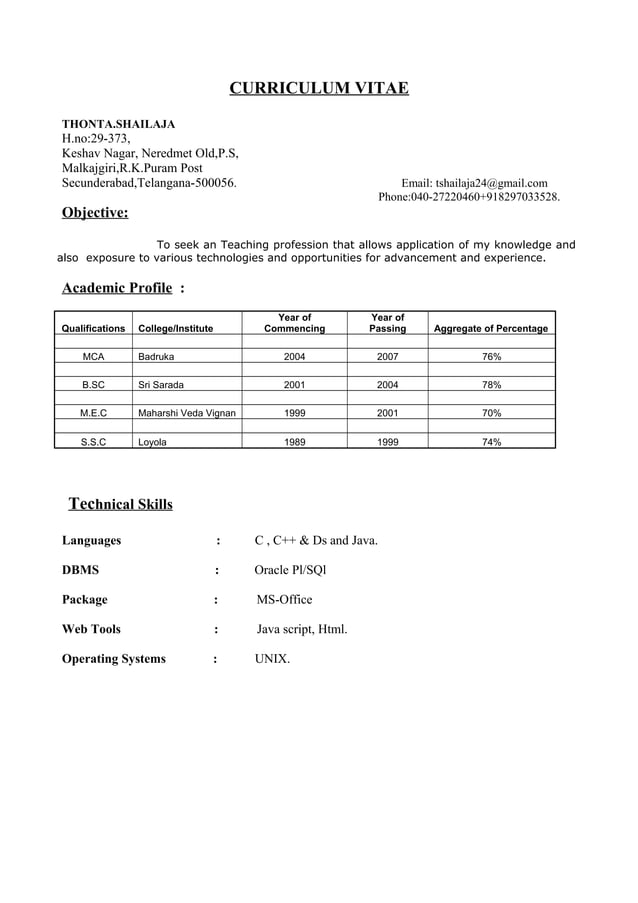 shailaja resume | DOC | Computing | Technology & Computing