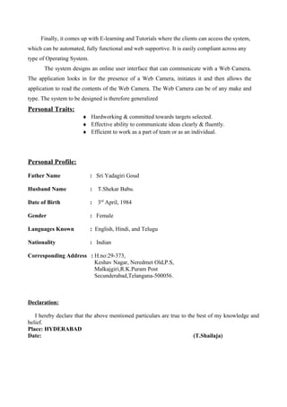 shailaja resume | DOC | Computing | Technology & Computing