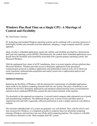 Windows Plus Real Time on a Single CPU - A Marriage of Control and Flexibility | PDF