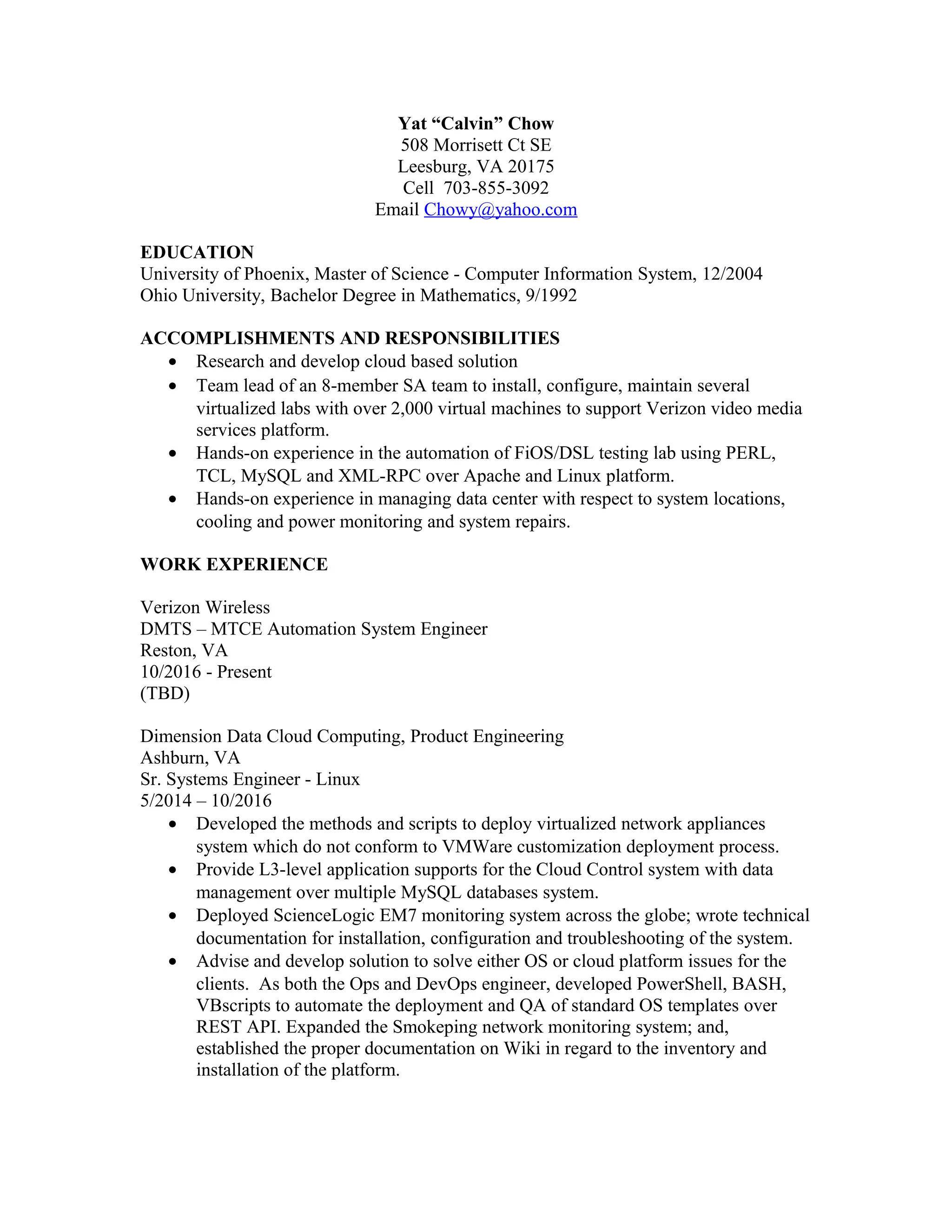 Yat (Calvin) Chow Resume - Oct 28 2016 | PDF