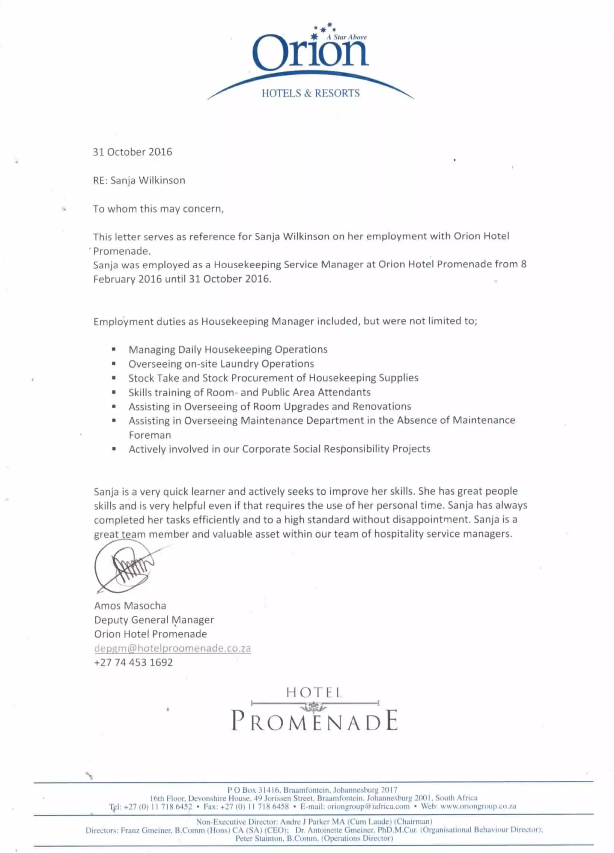 Sanja Wilkinson - Reference letter - Hotel Promenade | PDF