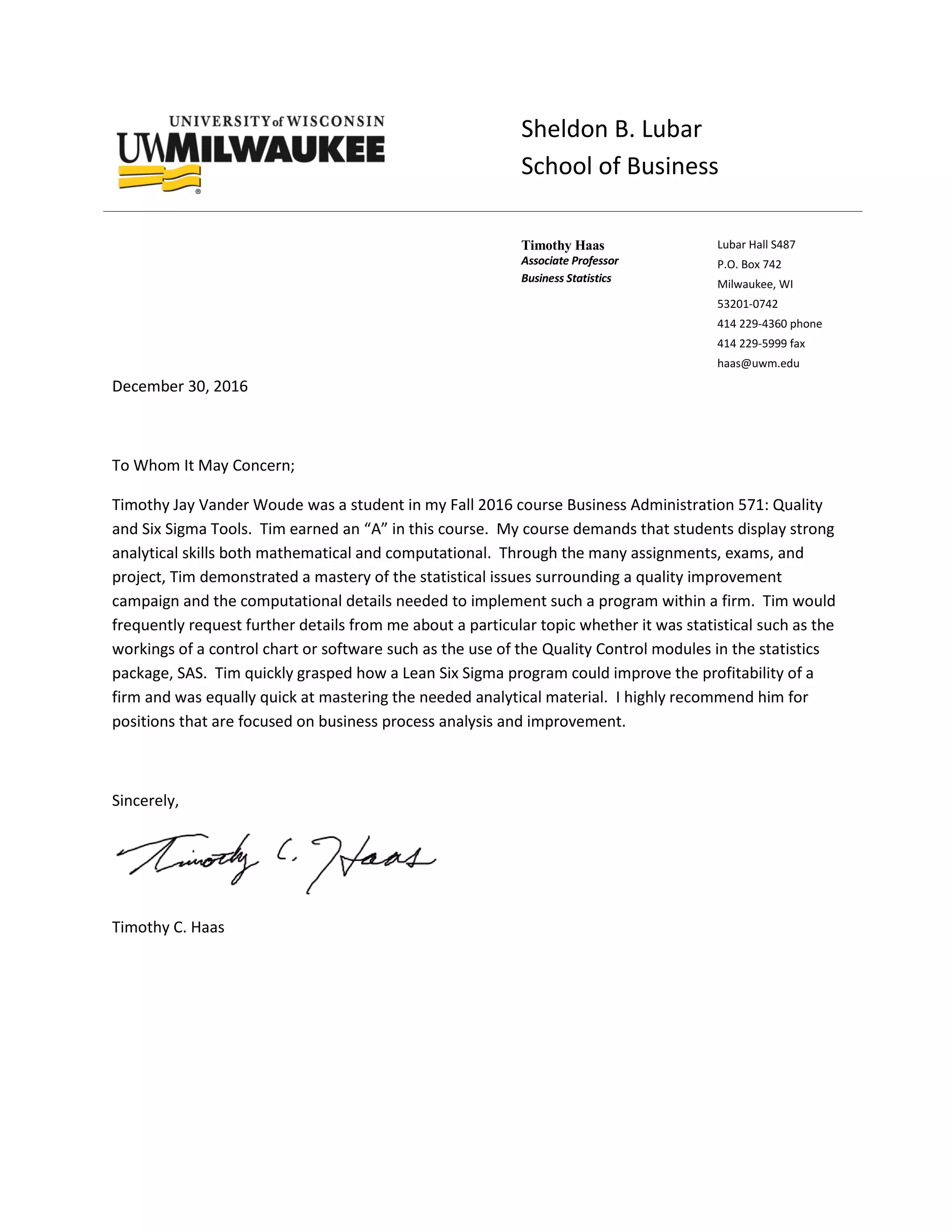 UWM Quality and Six Sigma Professor Haas letter of recommendation for ...