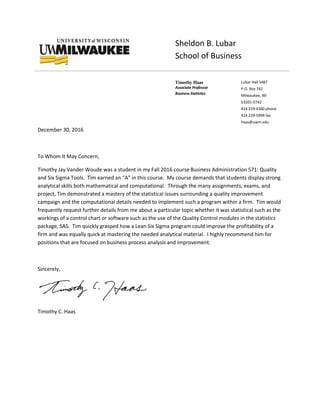 UWM Quality and Six Sigma Professor Haas letter of recommendation for ...