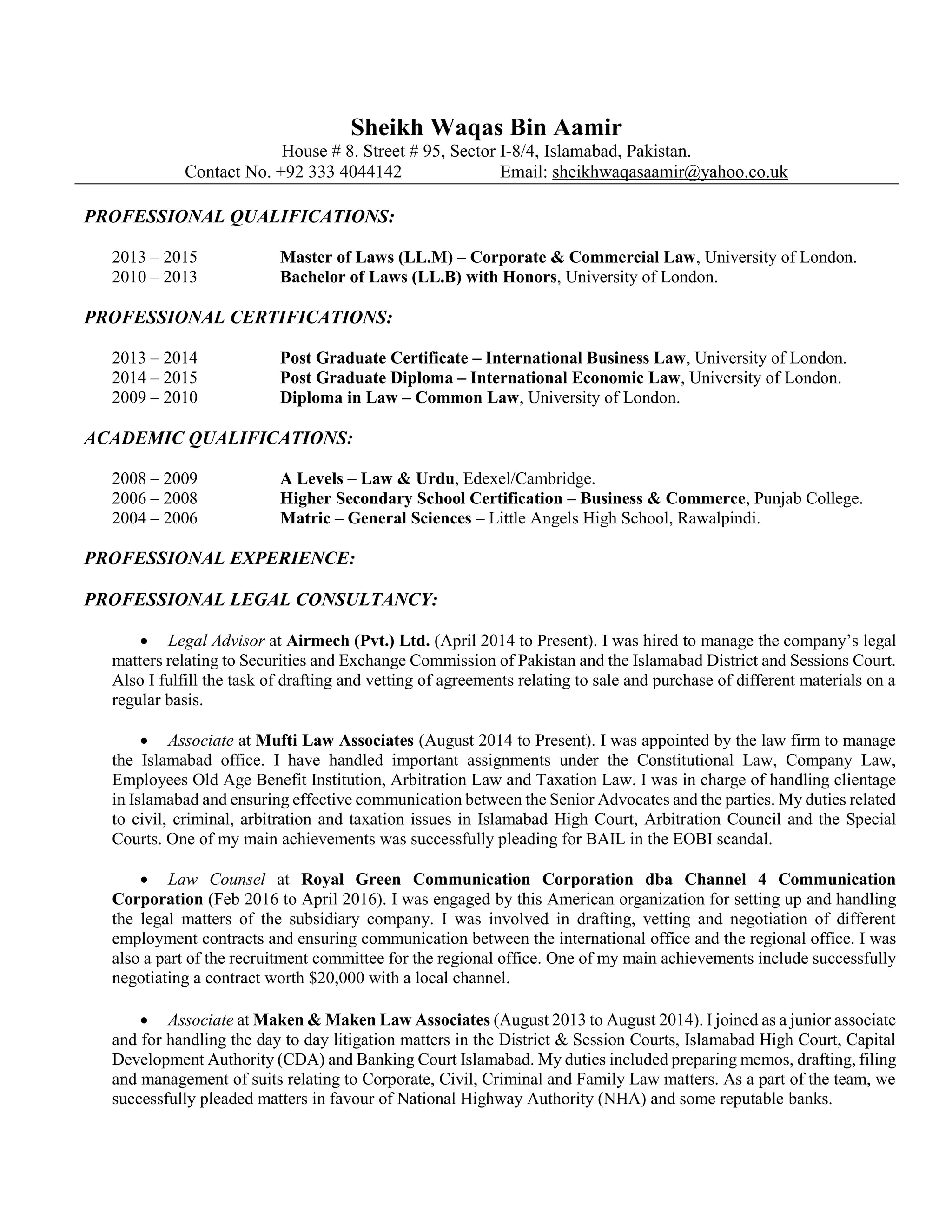 Curriculum Vitae - Waqas Bin Aamir | PDF