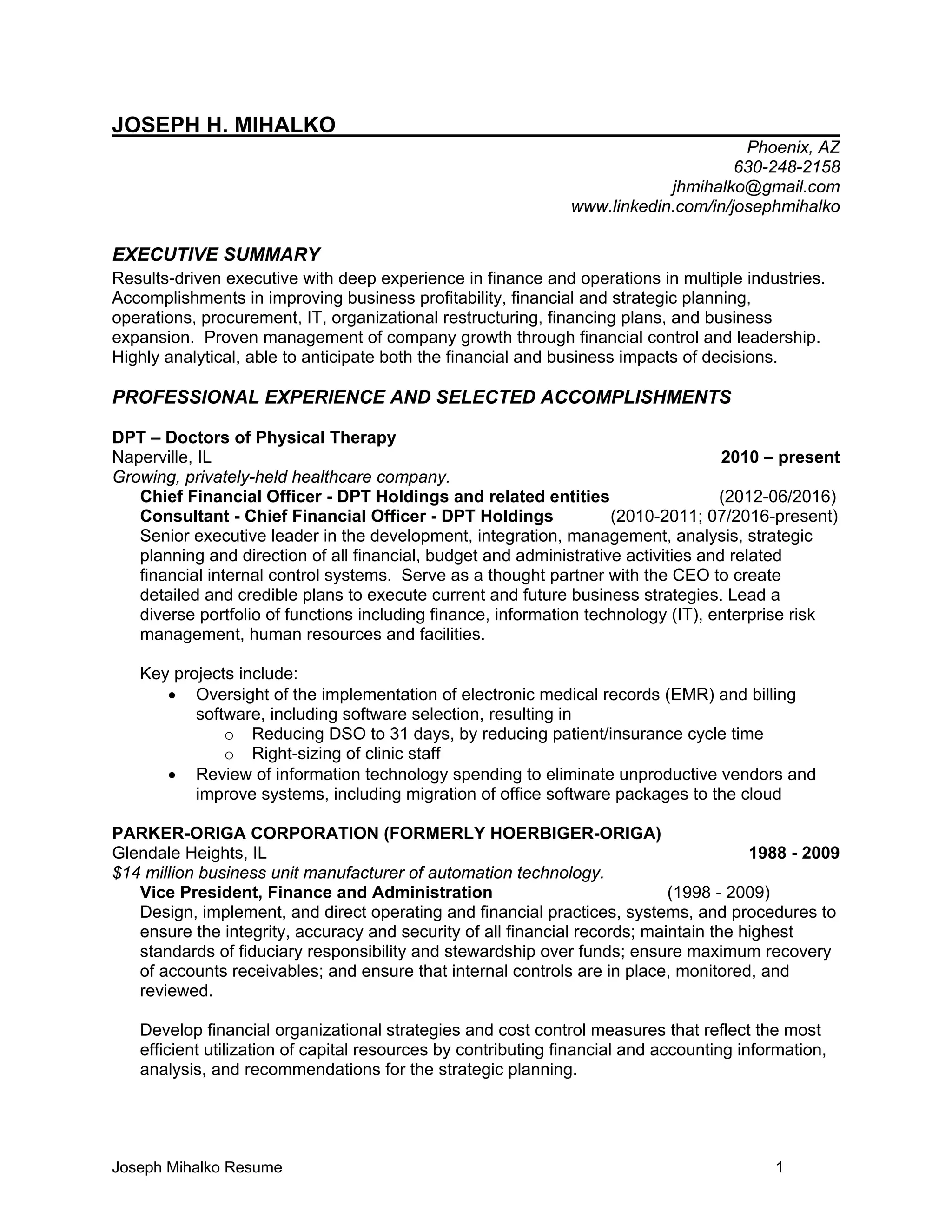 Joe Mihalko resume Nov 2016 | PDF | Business Accounting & Finance | Business