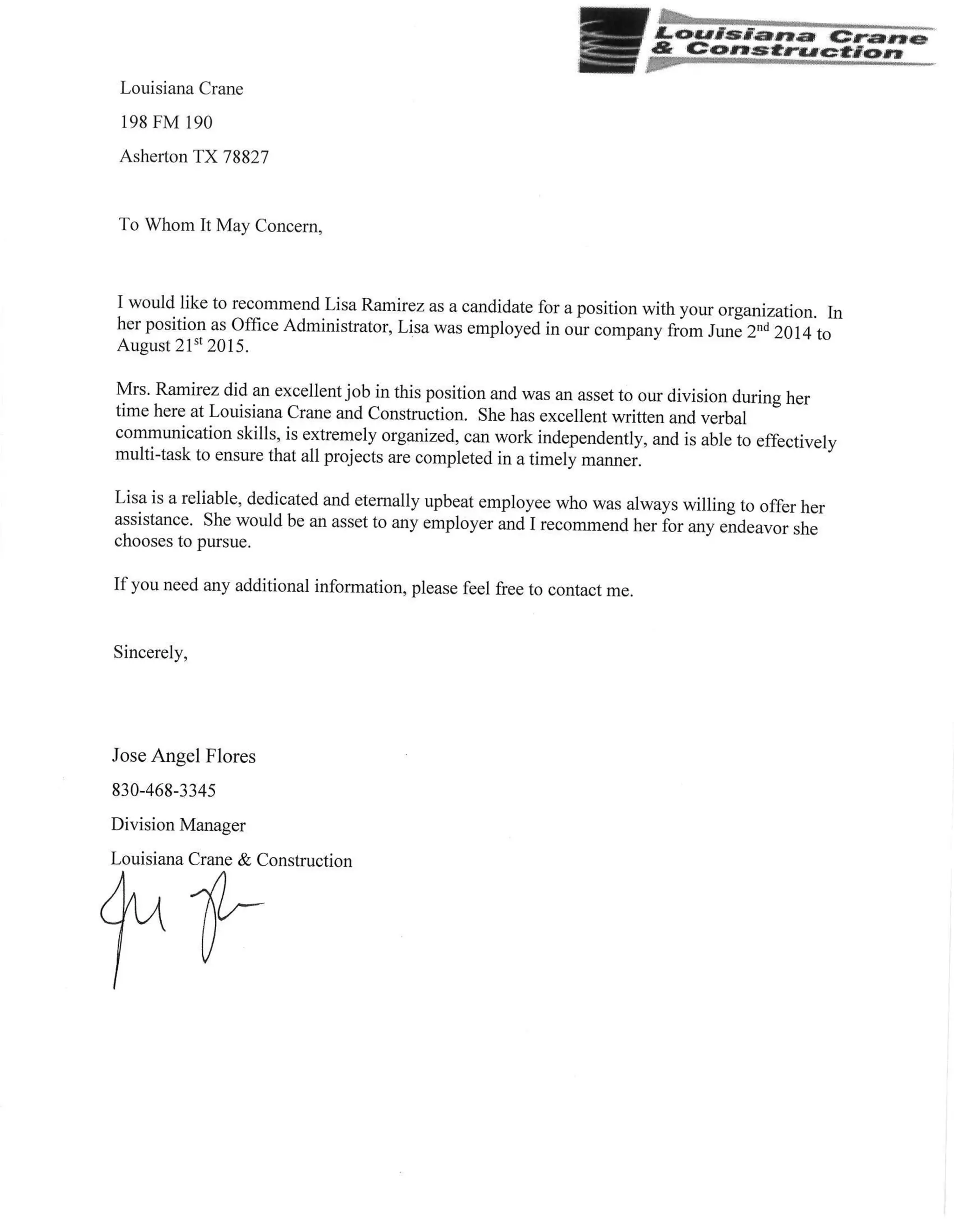 Reference Letter Louisiana Crane and Construction | PDF
