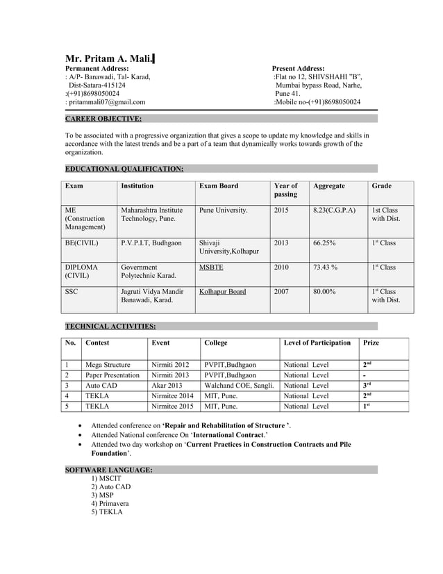 Pritam A Mali Resume.. | PDF
