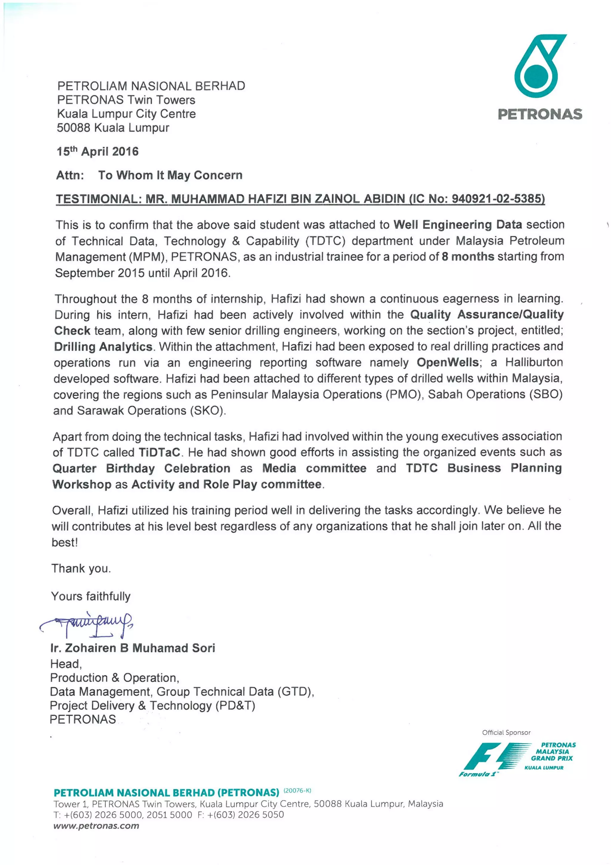 Muhammad Hafizi Zainol Abidin_Supporting Letter | PDF
