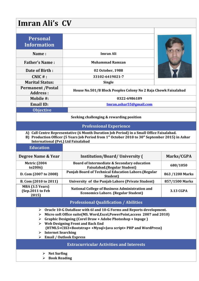imranali cv | DOC | Computing | Technology & Computing