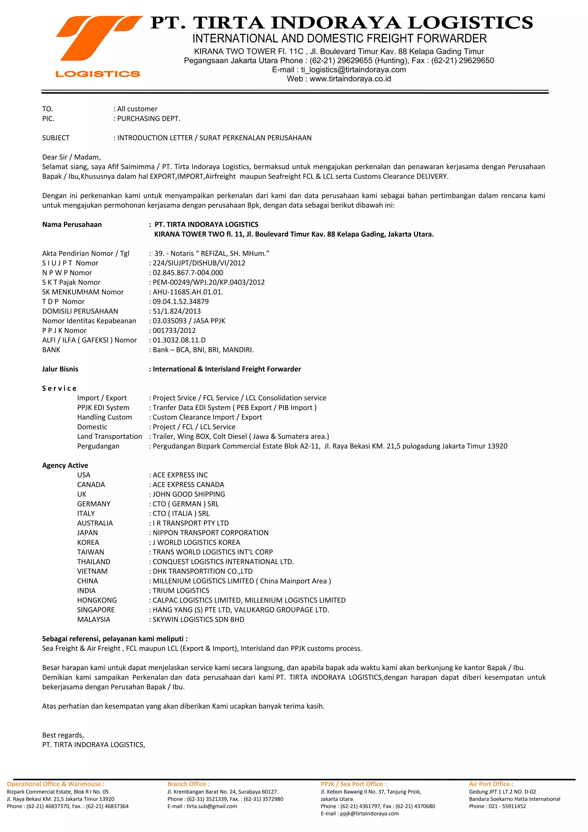 KOP SURAT TIRTA INDORAYA KIRANA TWO TOWER INTRODUCTION LETTER 2014(BARU) | DOC