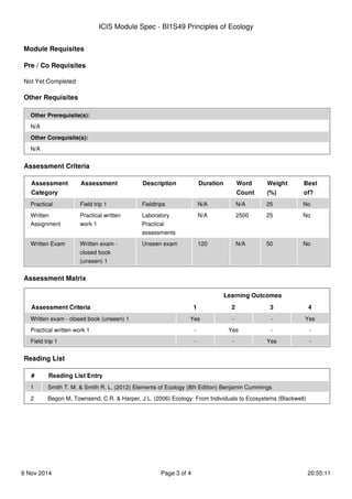 ICIS Module Spec - BI1S49 Principles of Ecology | PDF