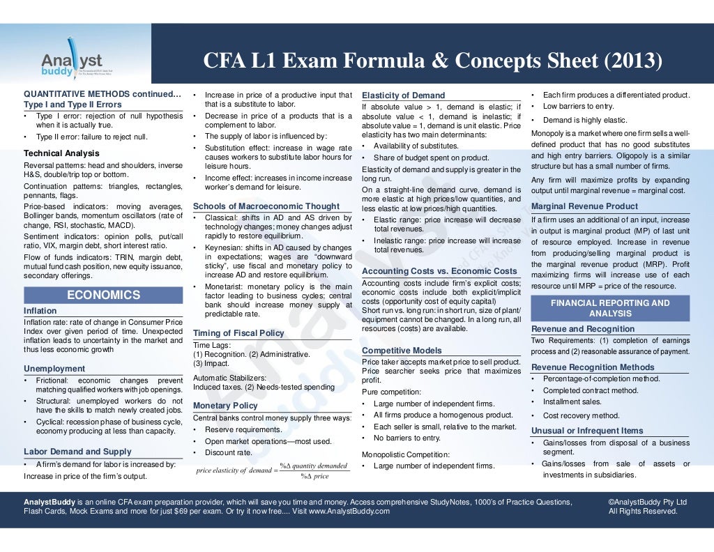 Cfa l1 exam formula & concepts sheet 2013