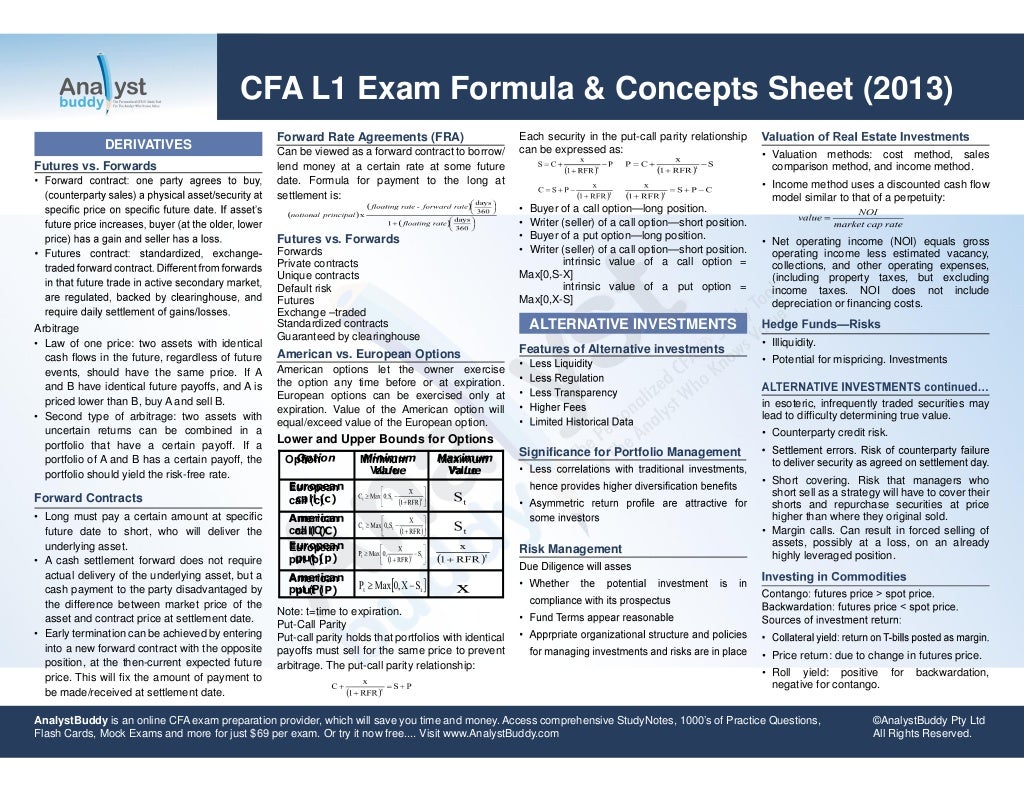 Cfa l1 exam formula & concepts sheet 2013
