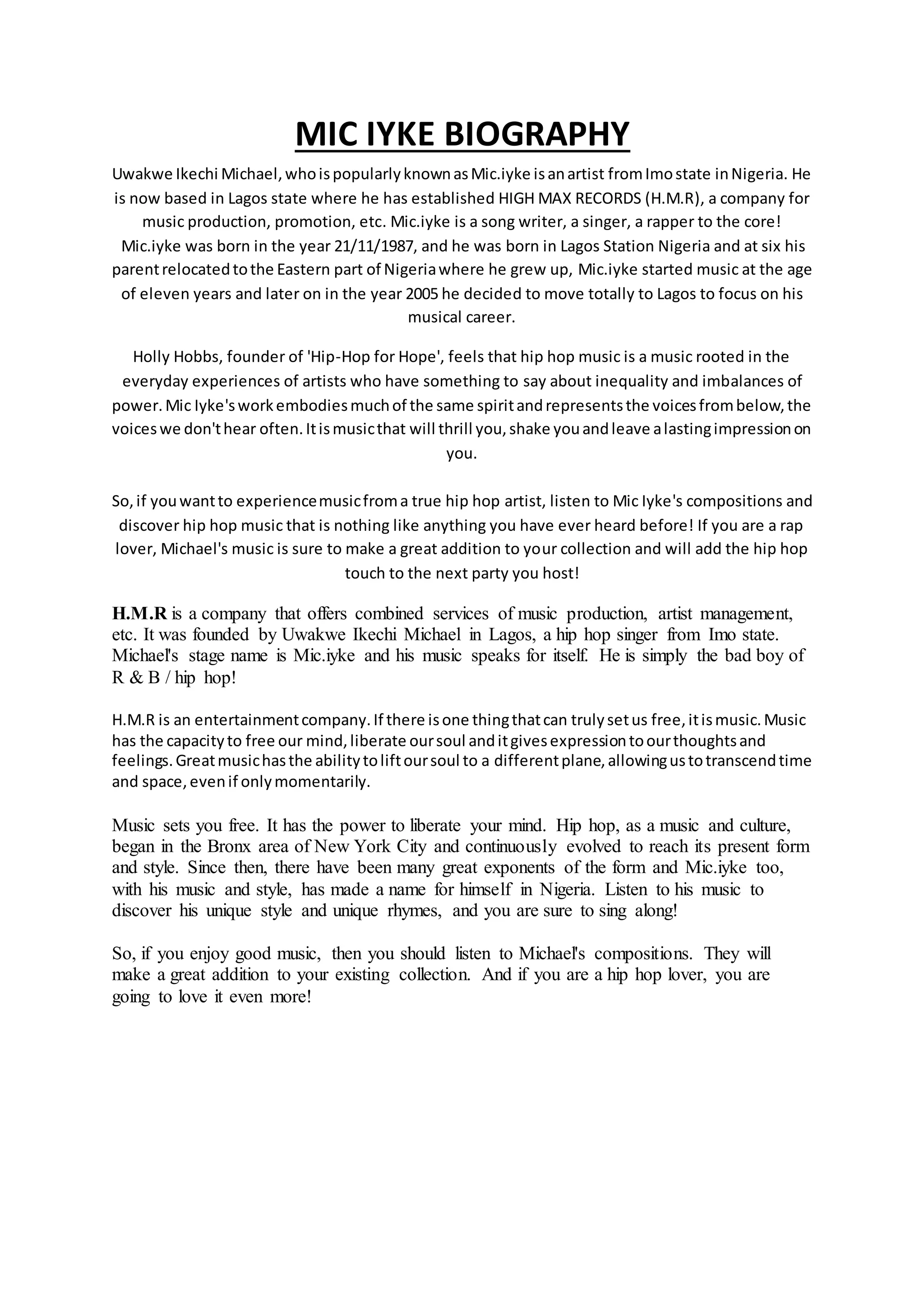 MIC.IYKE BIOGRAPHY | DOCX