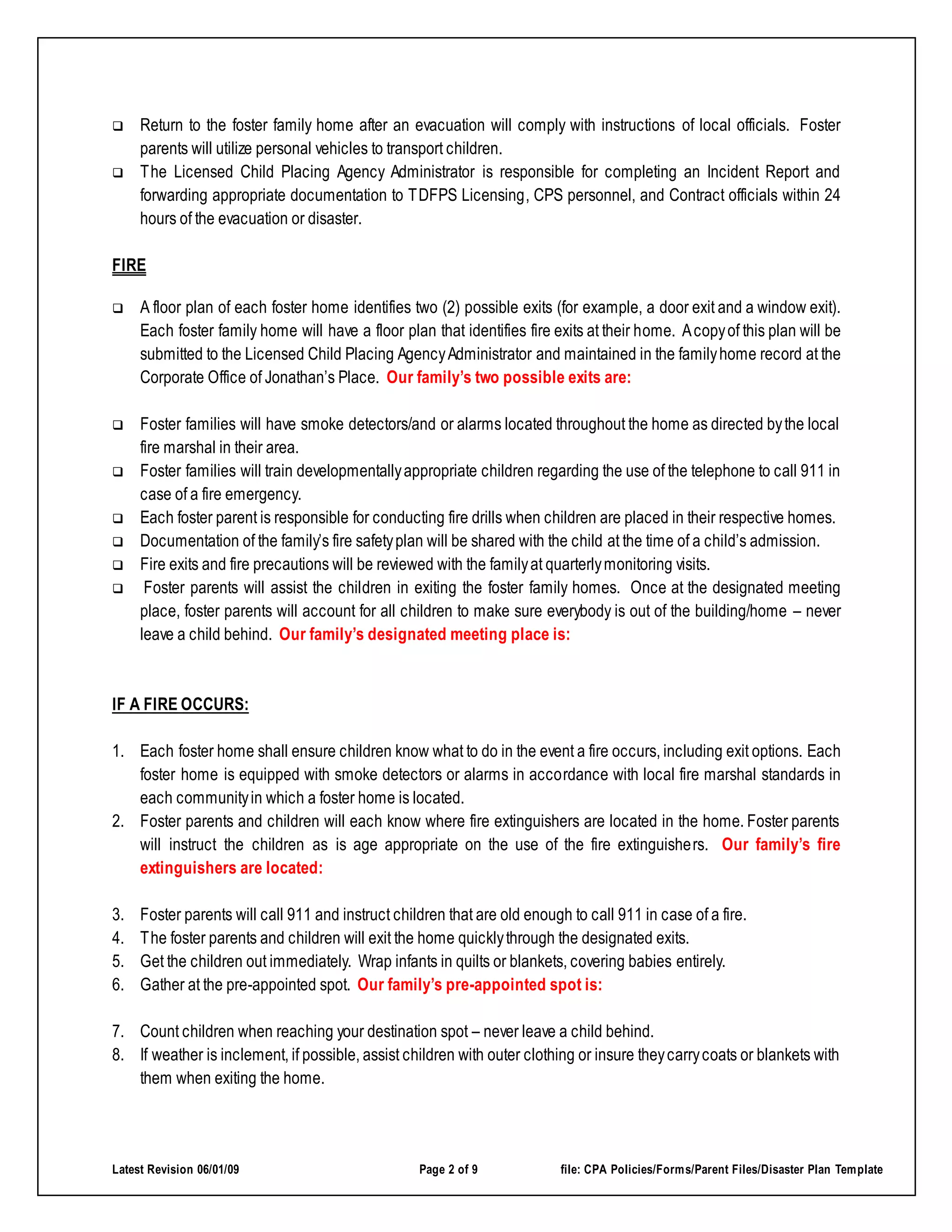 Disaster Emergency Plan Template For Families | DOCX