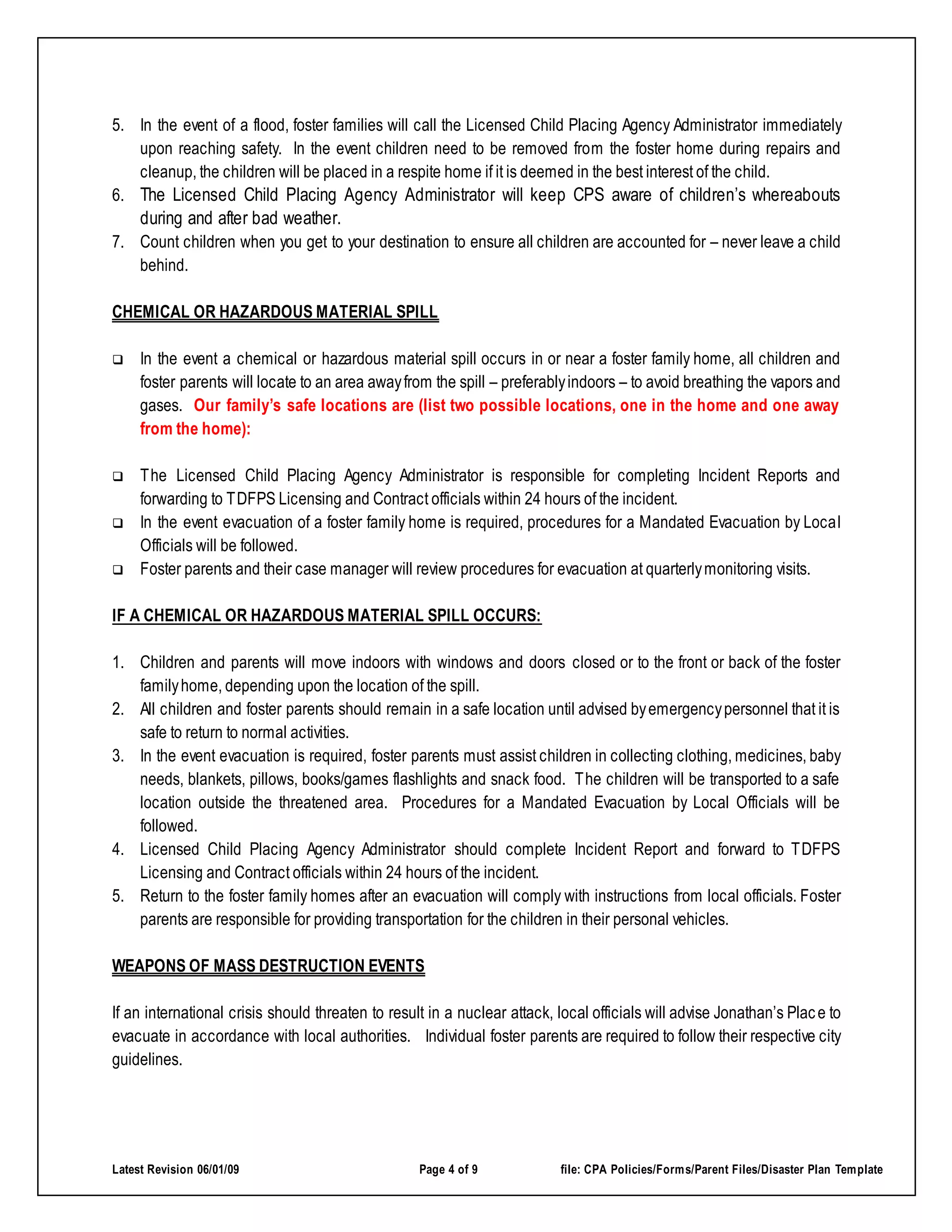 Disaster Emergency Plan Template For Families | DOCX