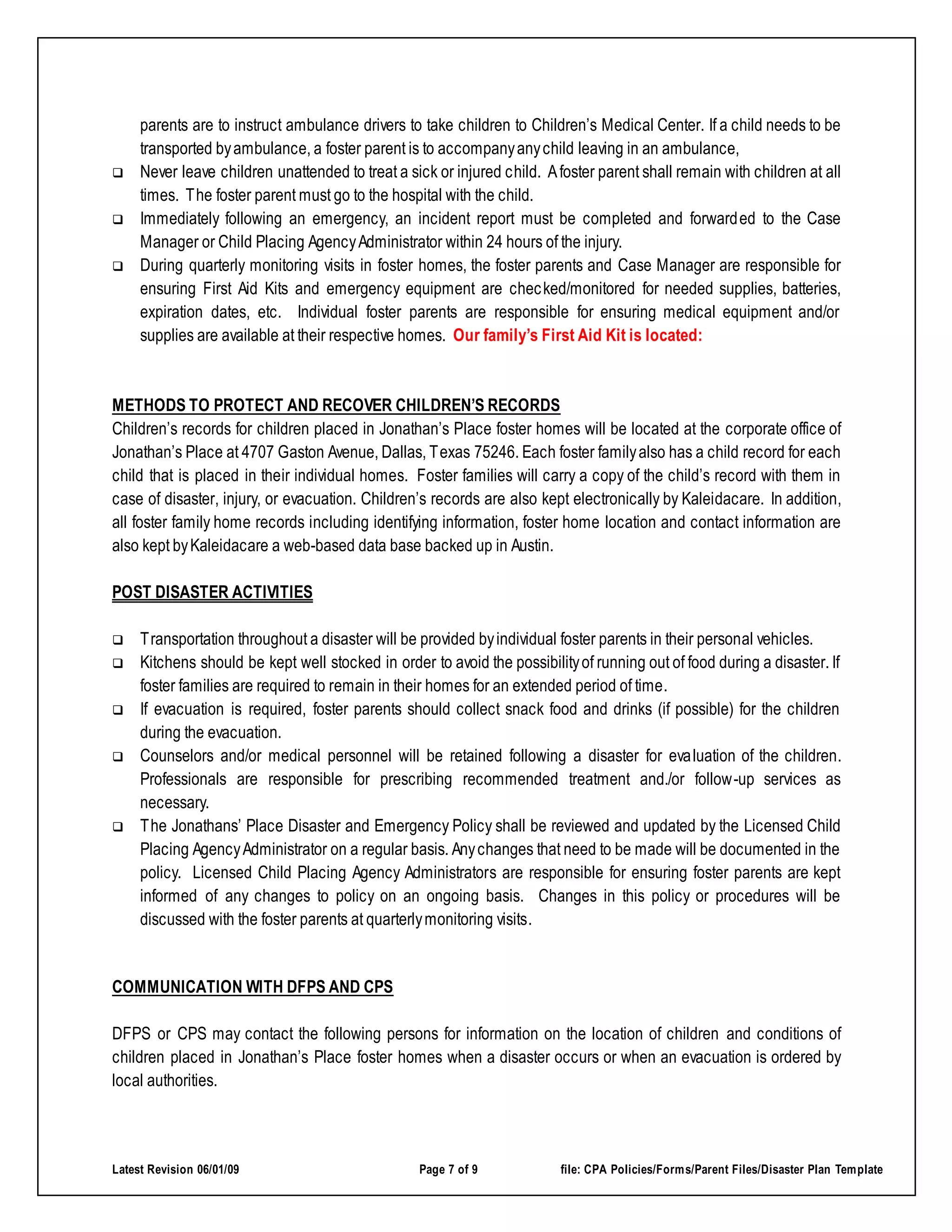 Disaster Emergency Plan Template For Families | DOCX