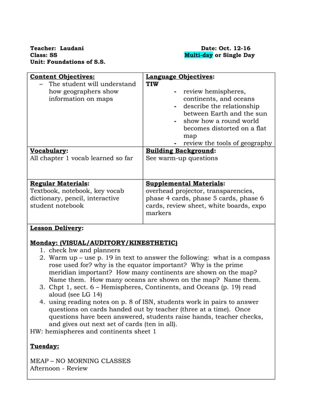 10/12-10/16 Lesson Plans | PDF