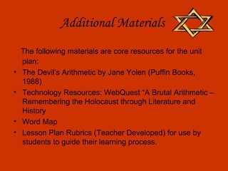 Teacher's 6 Unit Lesson Plan for Integrating Holocaust History and ...