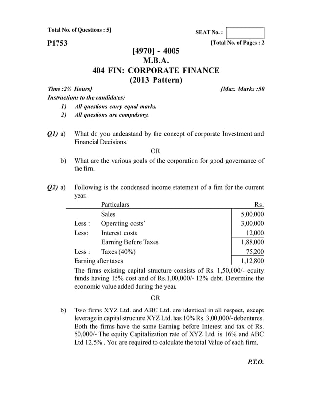 Corporate Finance Question paper | PDF | Business Accounting & Finance | Business