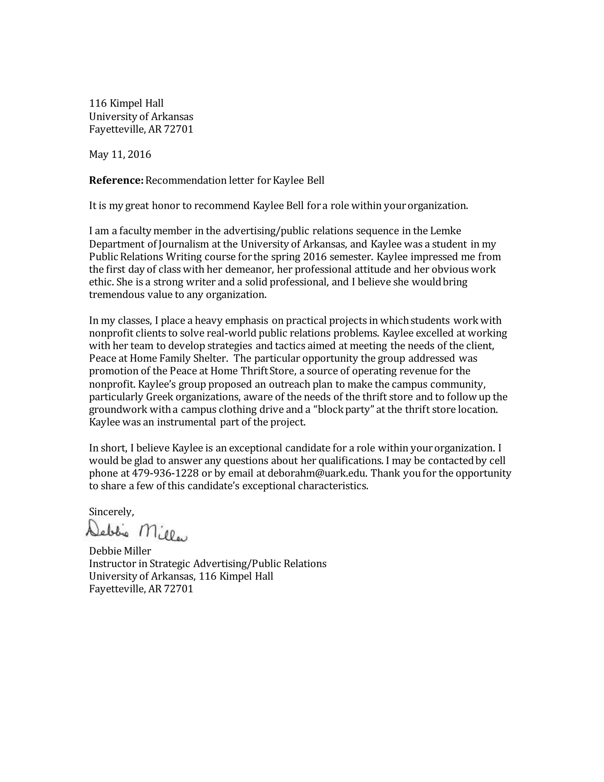 Kaylee Bell Letter of Recommendation Debbie Miller | DOCX