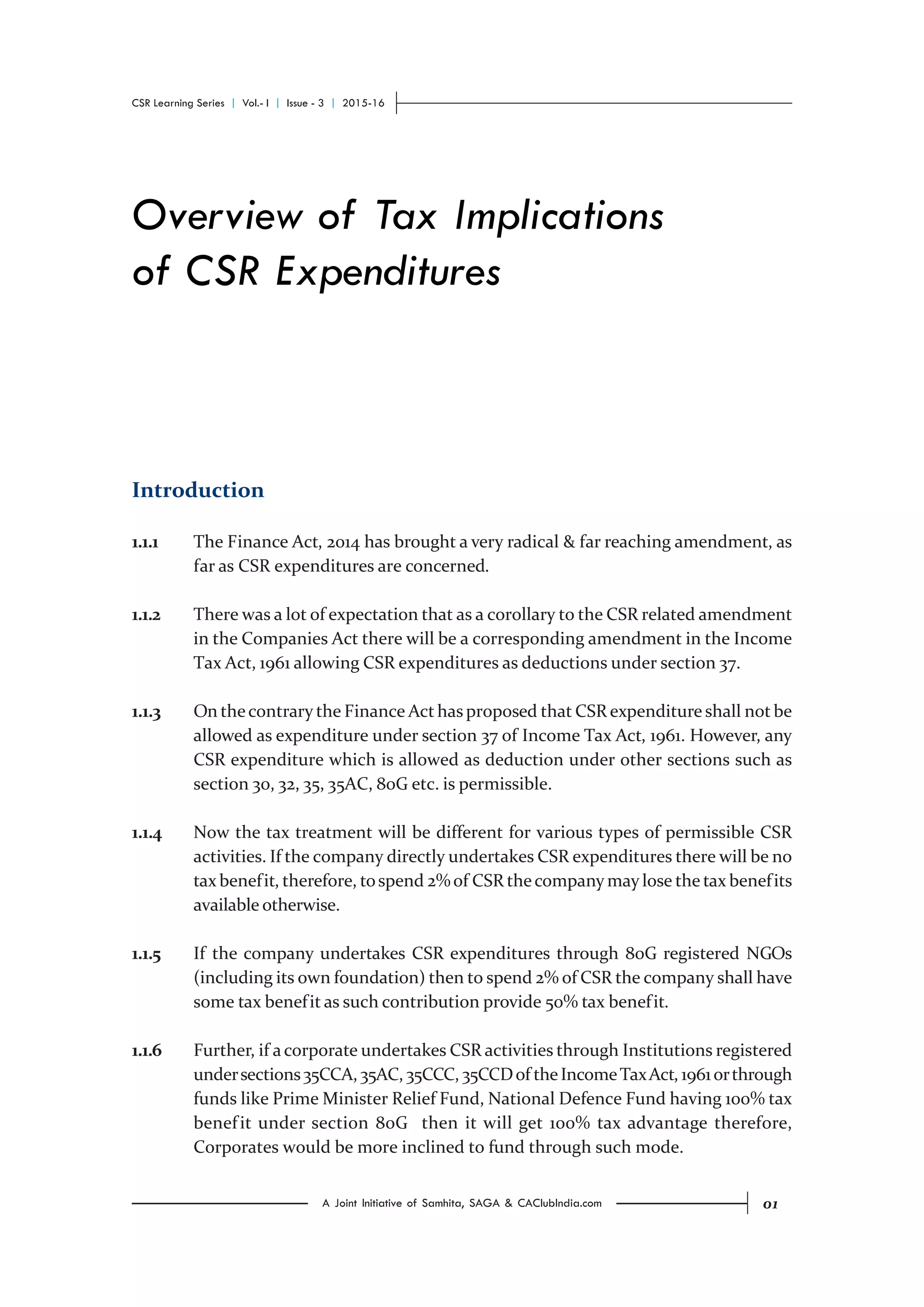CSR Issue III Overview of Tax Implication of CSR Expenditure | PDF