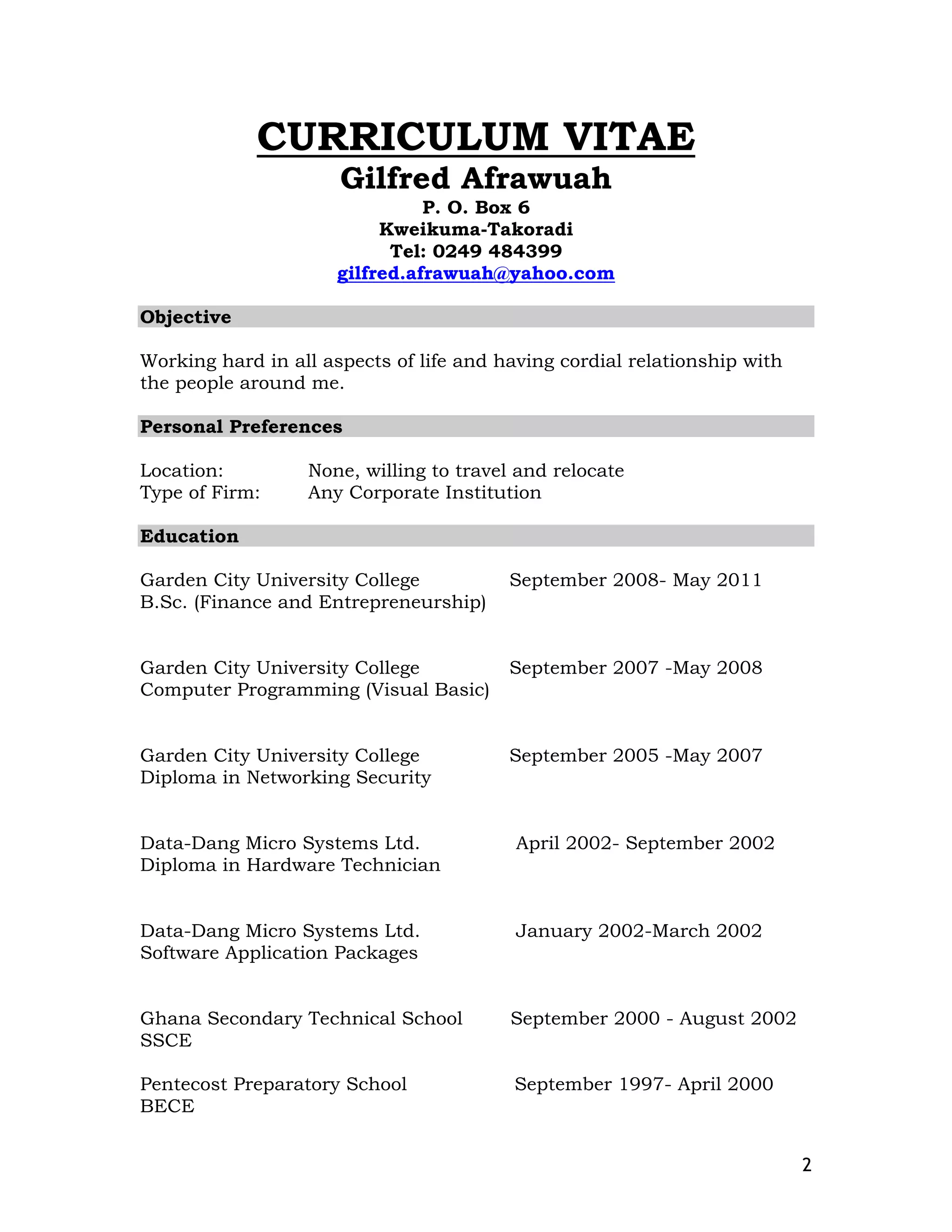 gilfred afrawuah cv now (2) - Copy | PDF