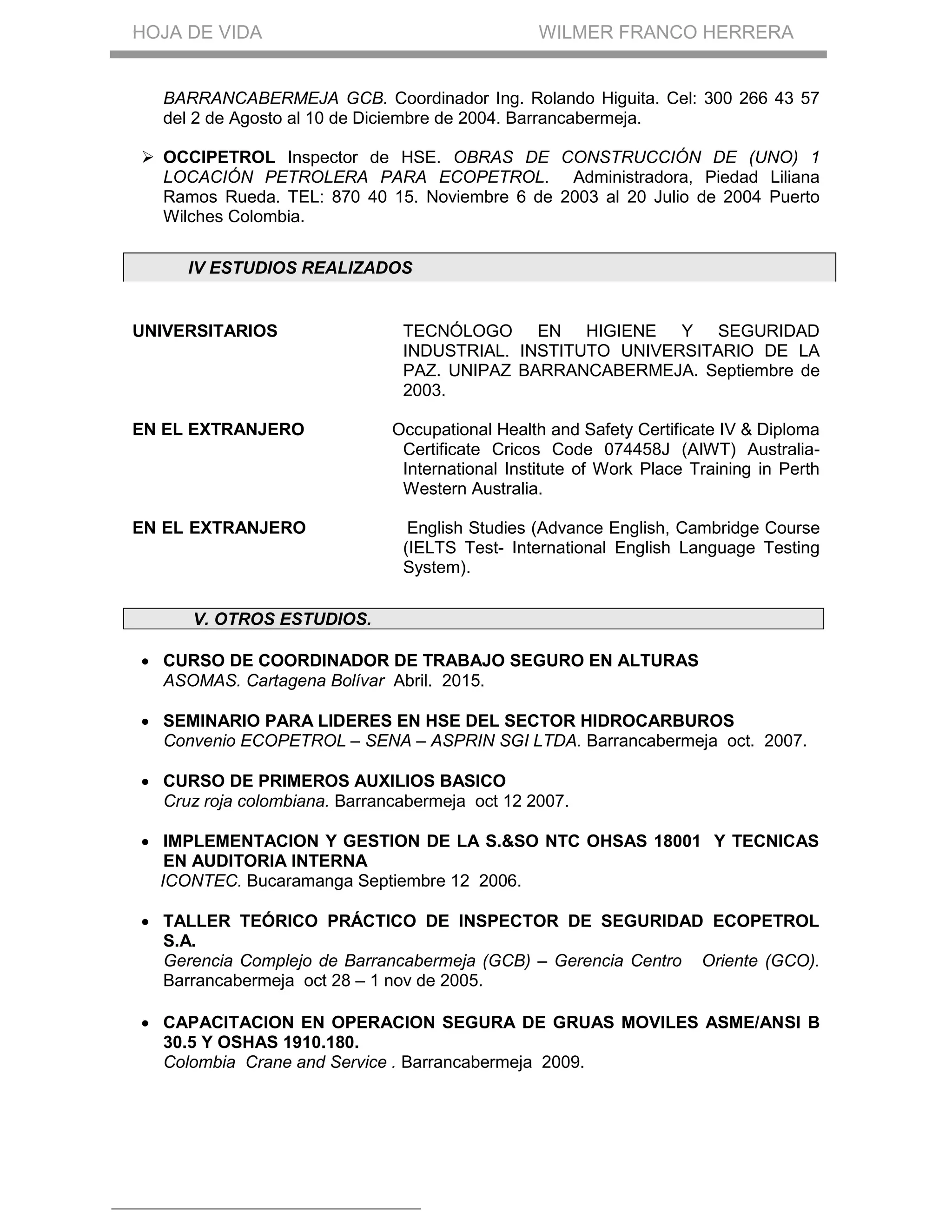 hojadvidaWilmerFSpanoleInglesactualizada | PDF