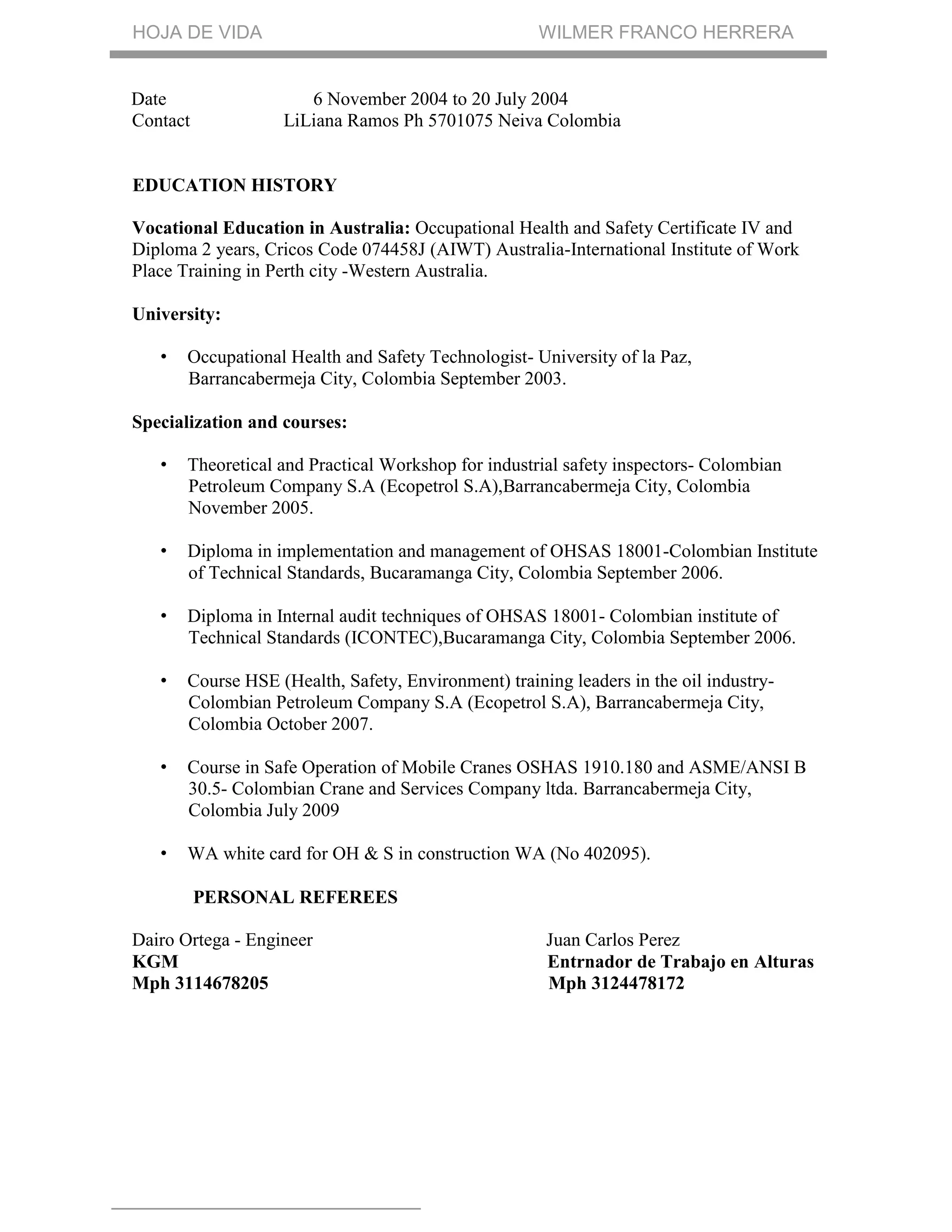 hojadvidaWilmerFSpanoleInglesactualizada | PDF