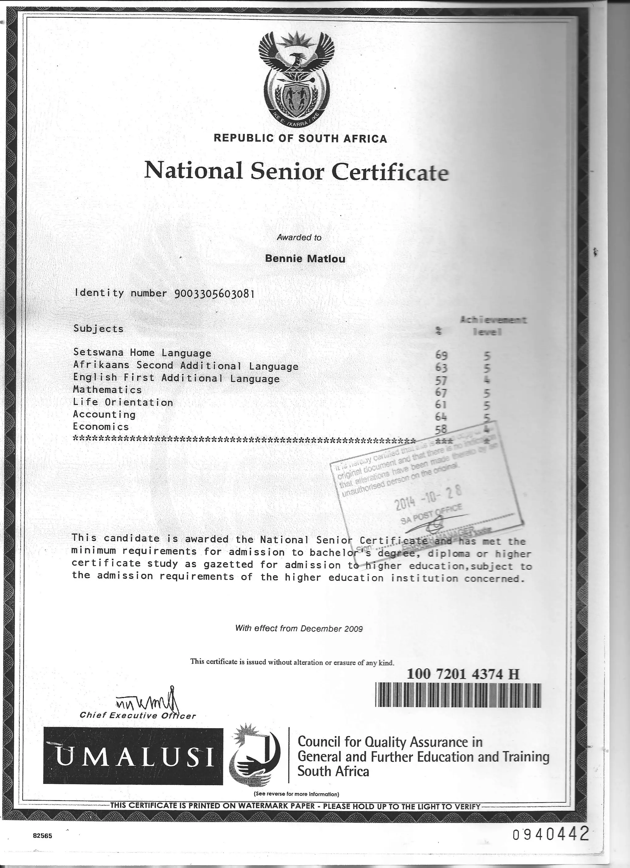 MATRIC CERTIFICATE | PDF