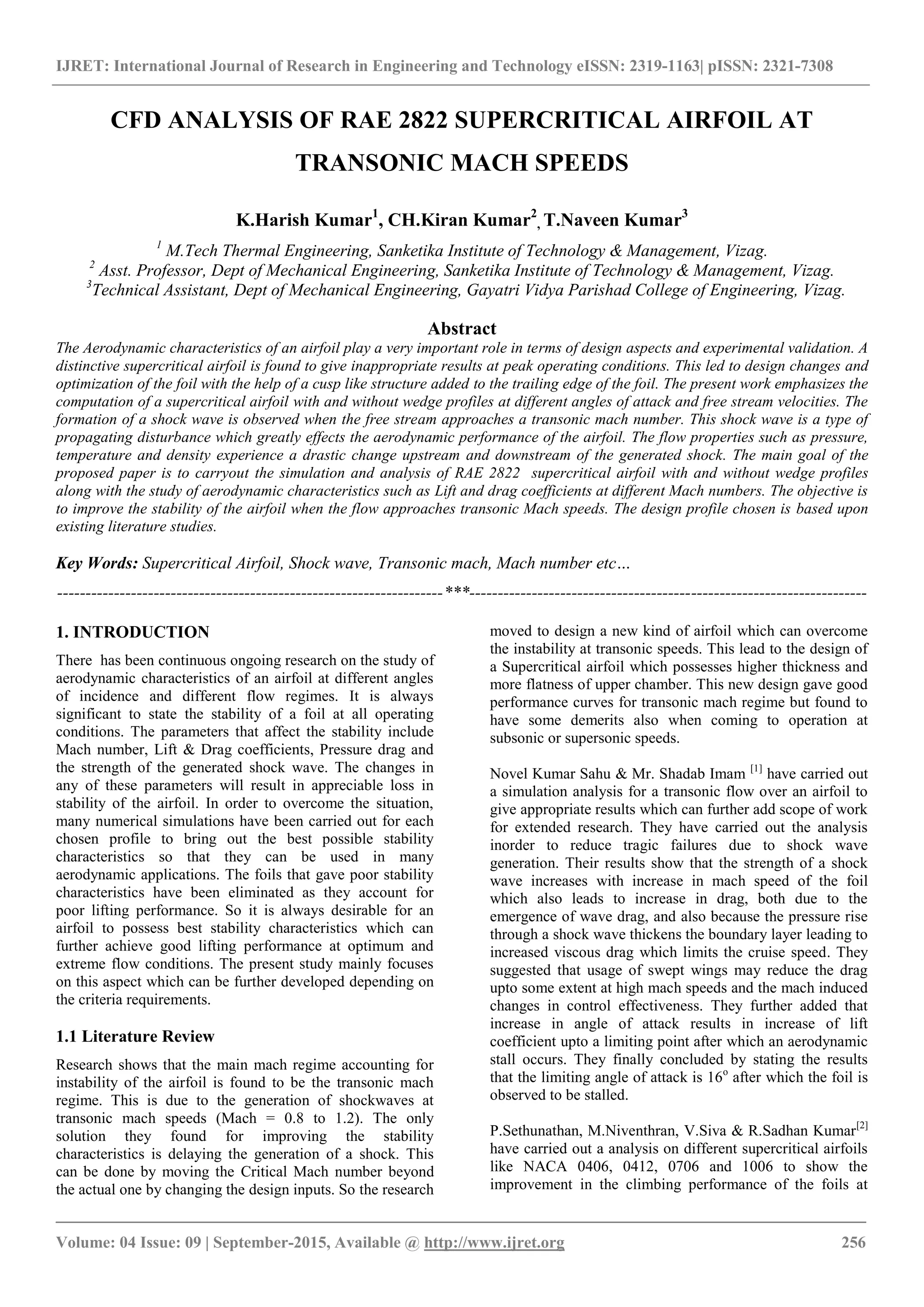 Cfd analysis of rae 2822 supercritical airfoil at transonic mach speeds ...