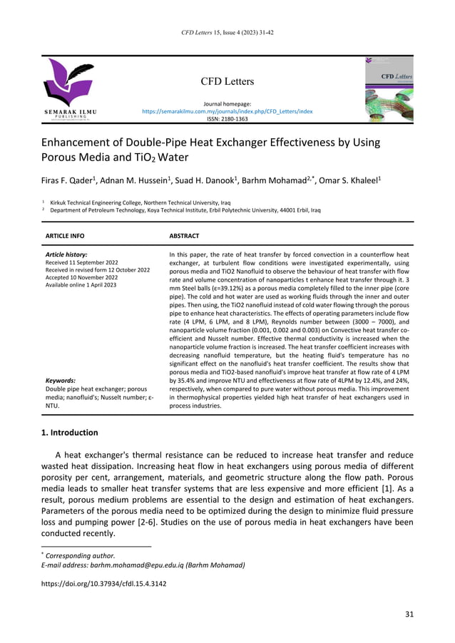 Enhancement of Double-Pipe Heat Exchanger Effectiveness by Using Porous Media and TiO2 Water | PDF