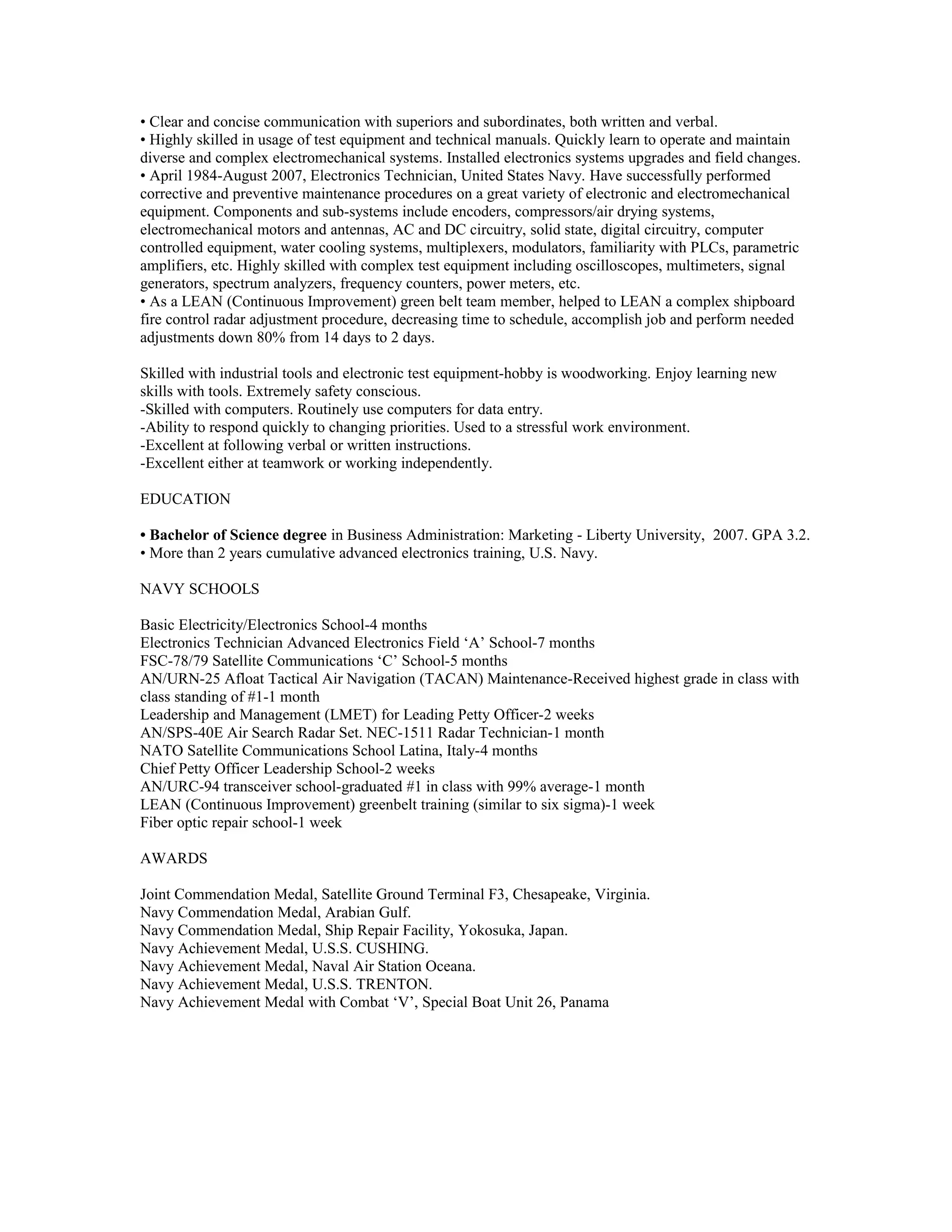 Manufacturing and Electrical Technician resume | DOC