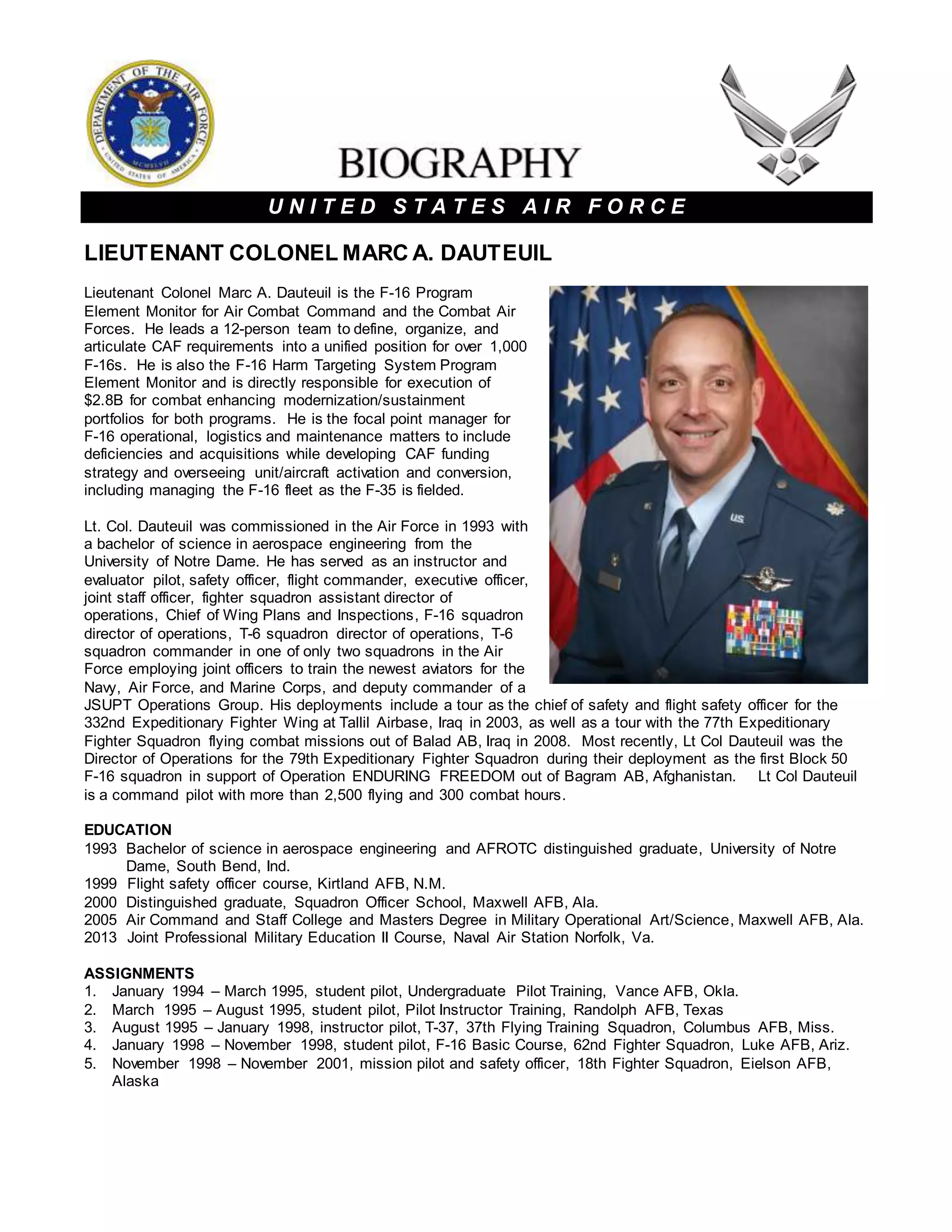 Lt Col Dauteuil_Bio_22_Sep_15 | DOCX